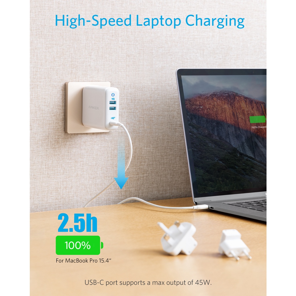 Anker 65W PIQ 3.0ampGaN Type C Charger with a 45W PD Port PowerPort III ...