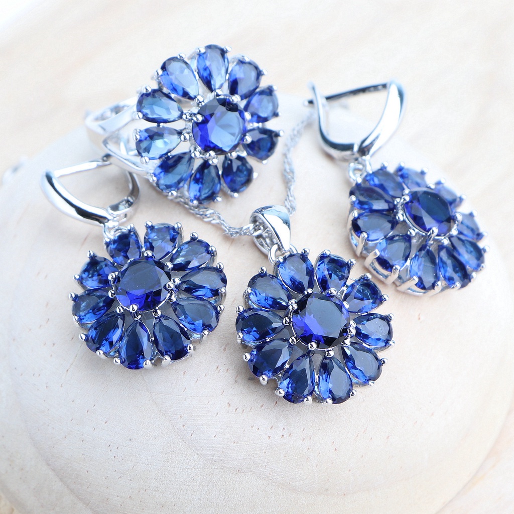 925 Silver Jewelry Sets For Women Wedding Blue Zircon Earrings Rings ...