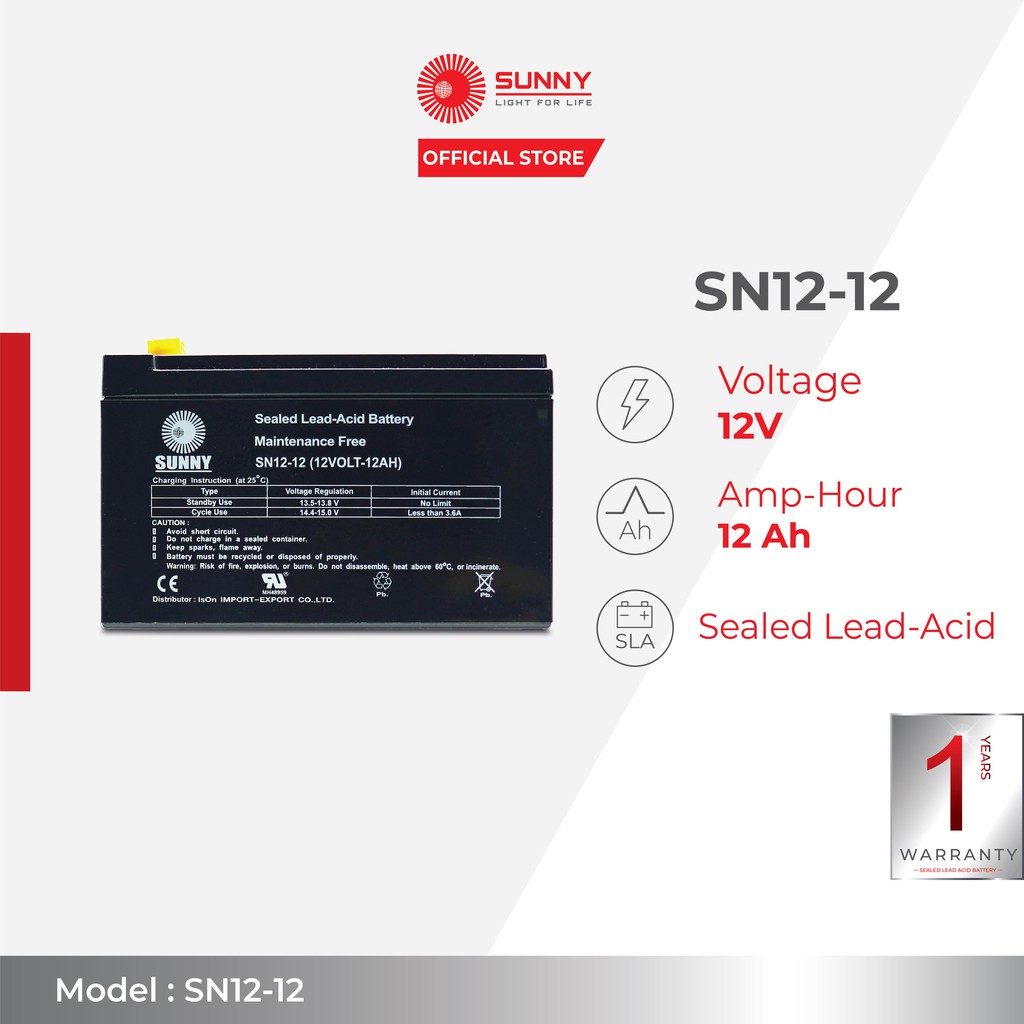 SUNNY เเบตเตอรี่เเห้ง SLA 12V 12Ah รุ่น SN12-12 Battery Sealed Lead ...