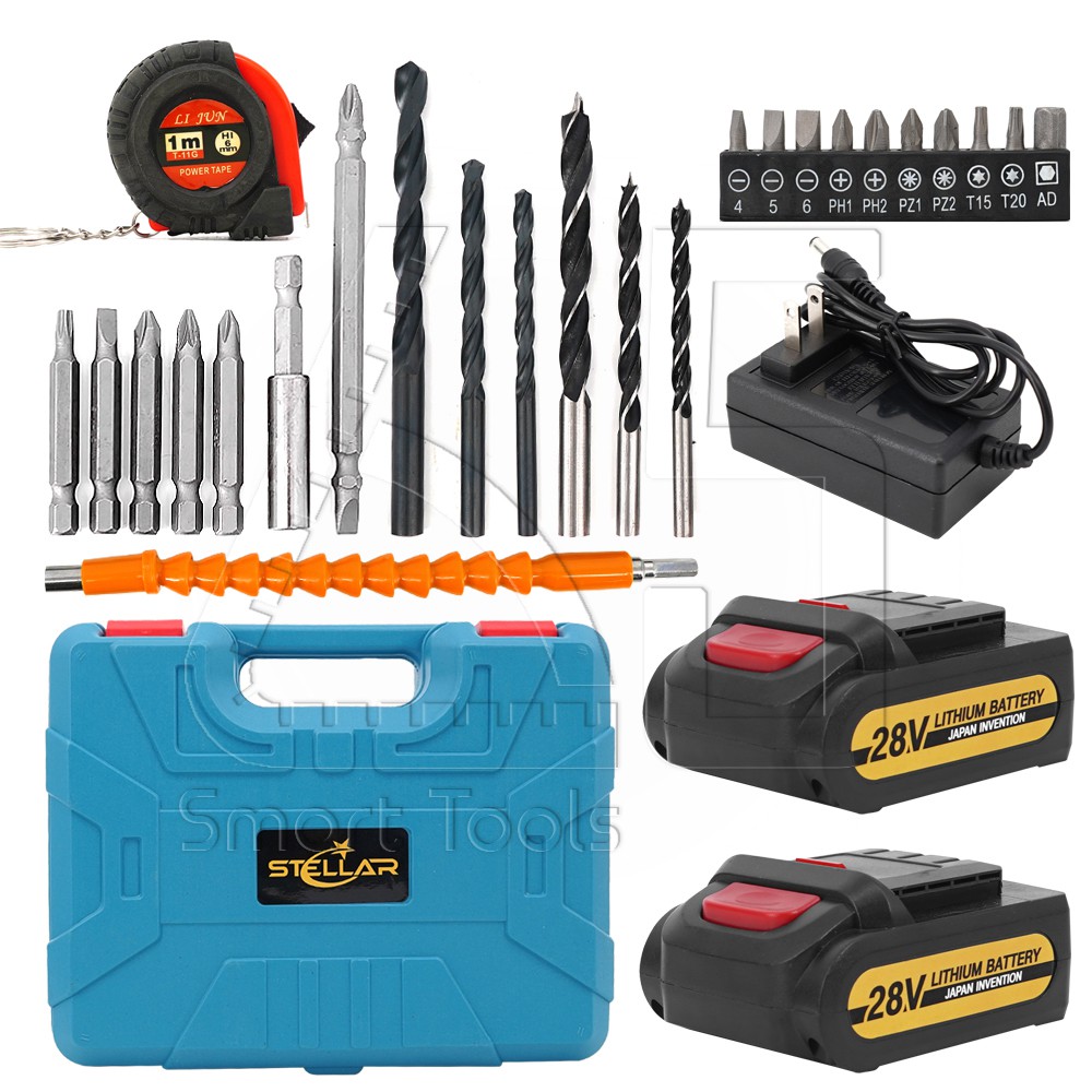 STELLAR สว่านไร้สาย 28V 2 ระบบ ปรับสปีดได้ พร้อม แบตเตอรี่ Lithium-ion 2 ก้อน แท่นชาร์จแบต และ ...
