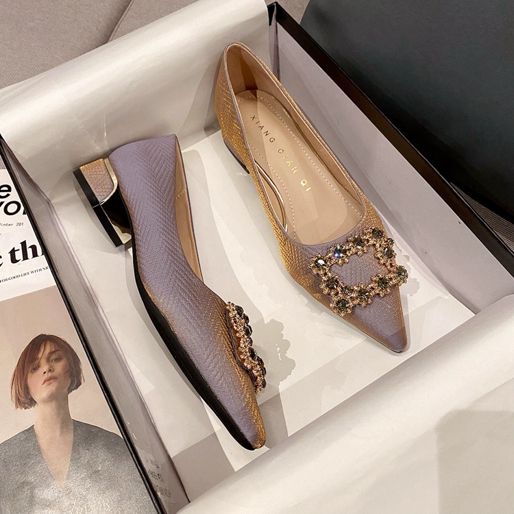 Womens High Heels 3 CM Thick Heel Rhinestone Low Heels Womens Single ...