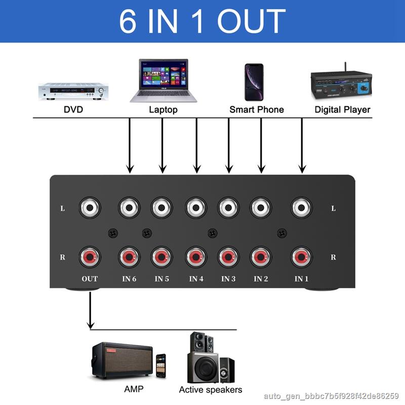 MOOL 6 In 1 Out L R Stereo Audio Switcher With Mute Button Portable RCA ...