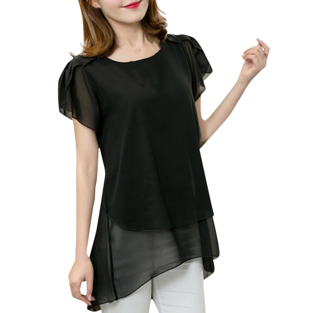 Women's Short-Sleeved Chiffon Shirt Tops Shirt Large Size Loose Long ...