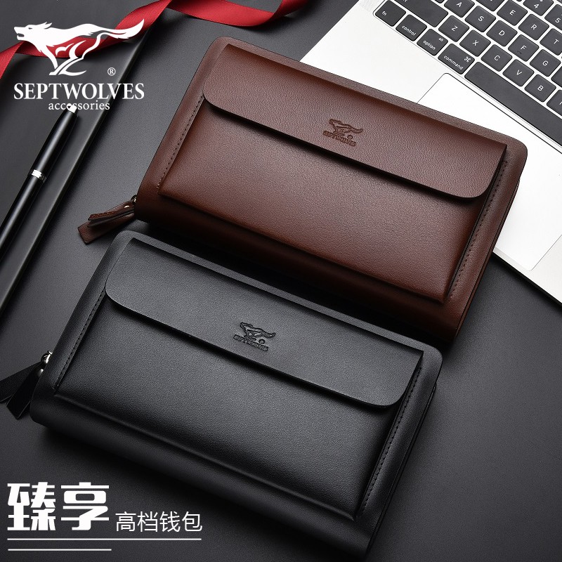 Septwolves wallet กระเป๋าสตางค์ใบยาวผู้ชายความจุขนาดใหญ่หนังซิปคู่ ...