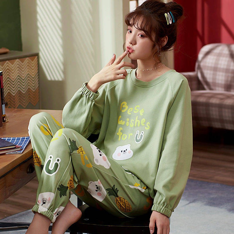 ชุดนอน ชุดนอนด้าย Pajamas Women Spring And Autumn Cotton Long Sleeved