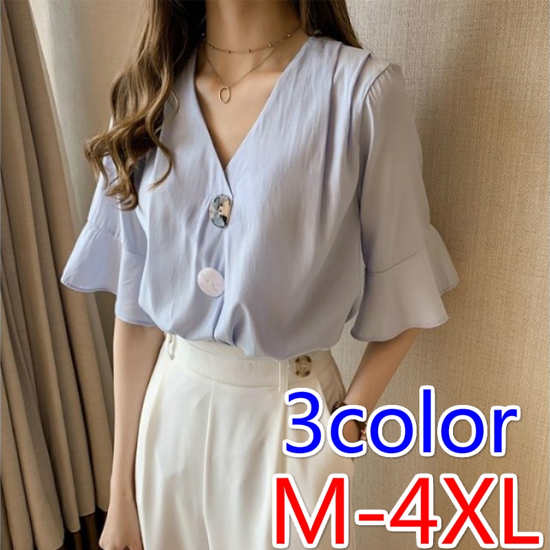 M-4xl เสื้อพลัสไซส์เสื้อแฟชั่นใหม่แขนบานแขนสั้นคอวีทึบผู้หญิงเสื้อหลวม - cutebabym1.th - ThaiPick