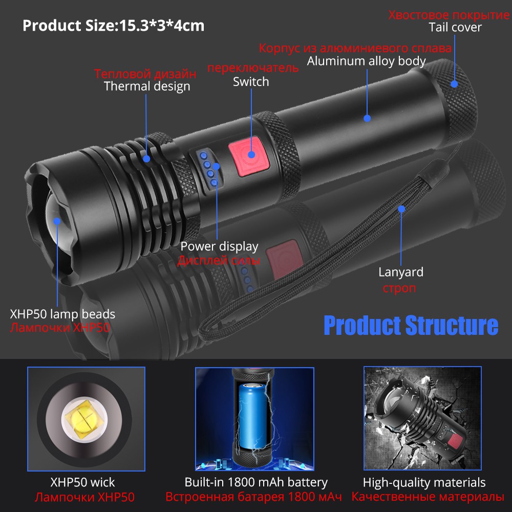 Powerful XHP50 LED Flashlight High Power Tactical Torch USB ...