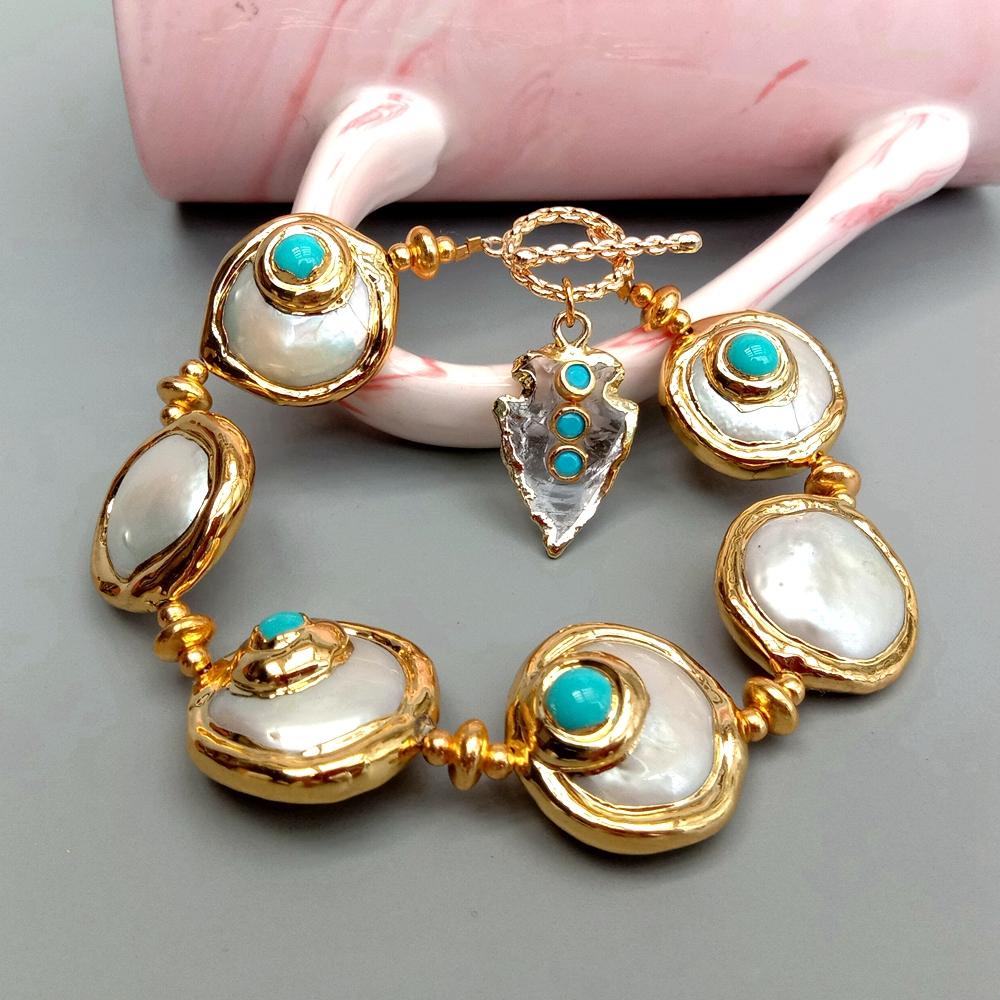 YYGEM Natural White Quartz Arrowhead Charm Freshwater Cultured White Coin Pearl Blue Crystal ...