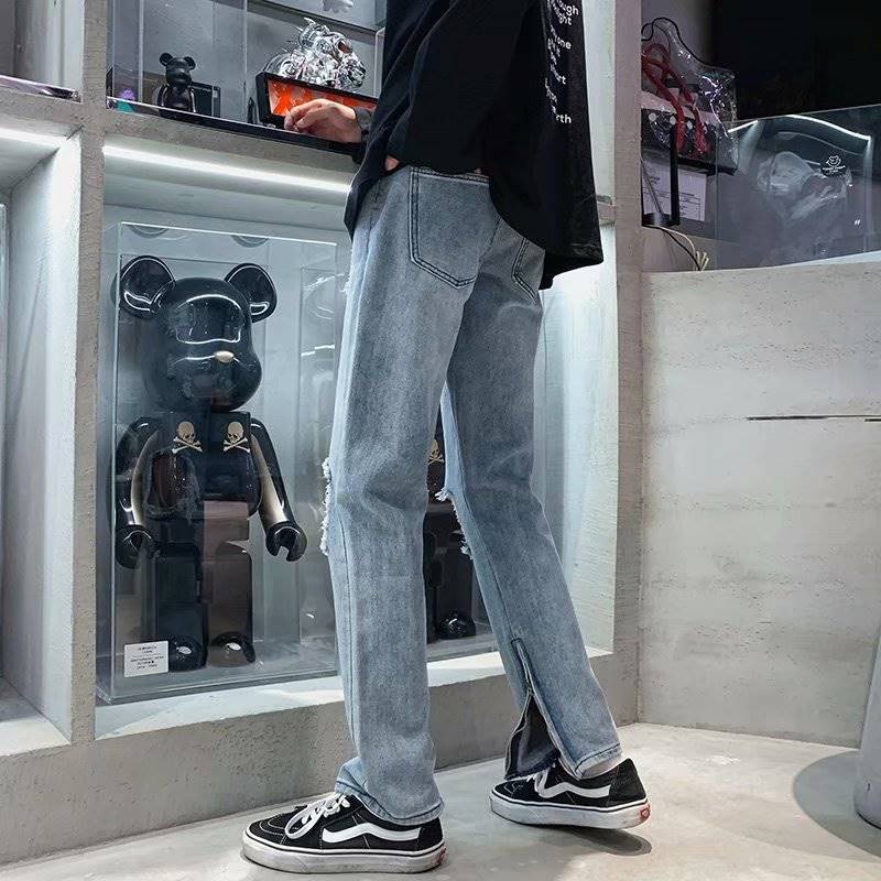 Unisex กางเกงยีนส์ขายาวลำลอง ขาด ผู้ชาย แฟชั่นสไตล์เกาหลี กางเกงยีนขา ...