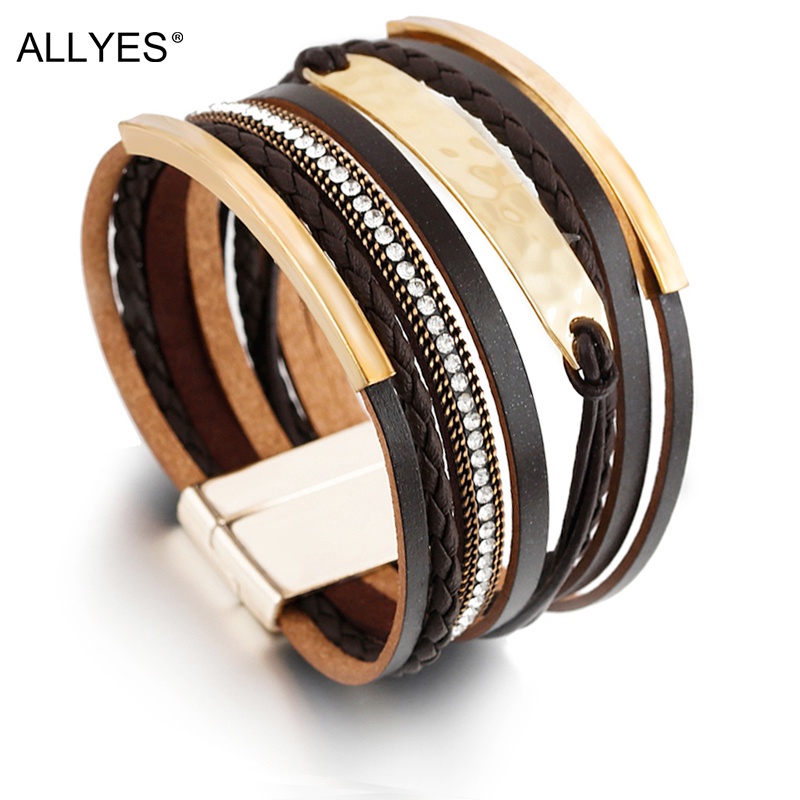 ALLYES Multilayer Leather Bracelet for Men Metal Bar Charm Black ...