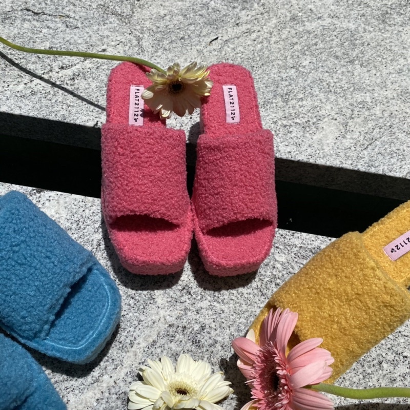 FLAT2112 FS0005 FLUFFY TEDDY SLIDES รองเท้าขนปุกปุยนุ่ม ส้นตึก ของแท้ ...