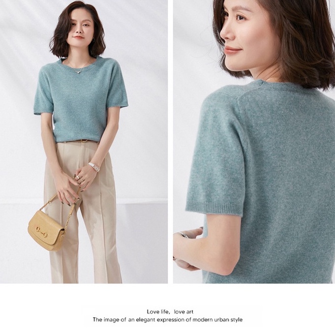 Herberty มีไซส์ M-XL เสื้อไหมพรม คอกลม แขนสั้น เสื้อสเวตเตอร์ คอกลม ...