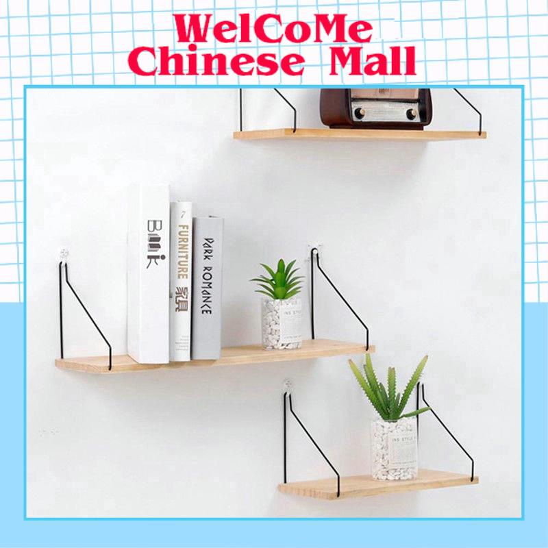 Solid Wooden Wall Shelf Iron Partition Board Hanging Storage Rack Home ...