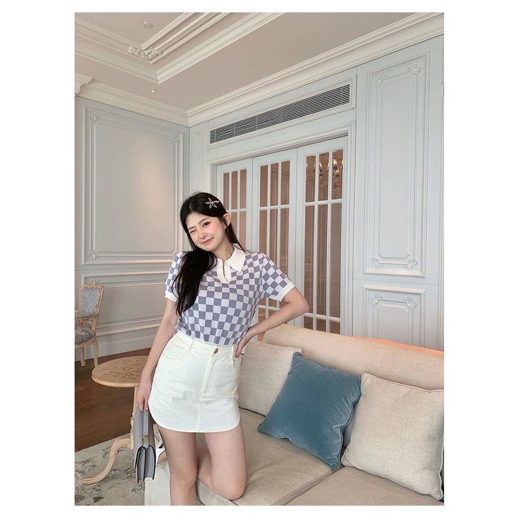 พร้อมส่ง เสื้อคอปกไหมพรม ลายคารางสีสุดคิ้วน่ารักๆ (32050) - water.melonny - ThaiPick