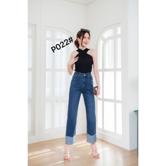 P022กางเกงยีนส์แฟชั่น(ผ้ายืด)ทรงกระบอกปายขาพับเก๋ๆแบบเรียบๆแมทง่ายเข้า ...