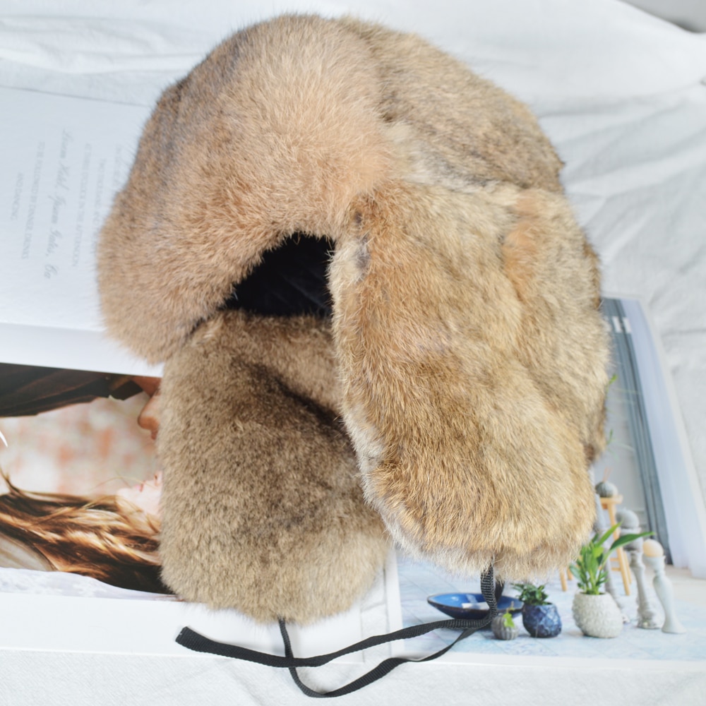 Handmade Men Winter Real Rabbit Fur Bomber Hat Outdoor Super Warm 100% ...