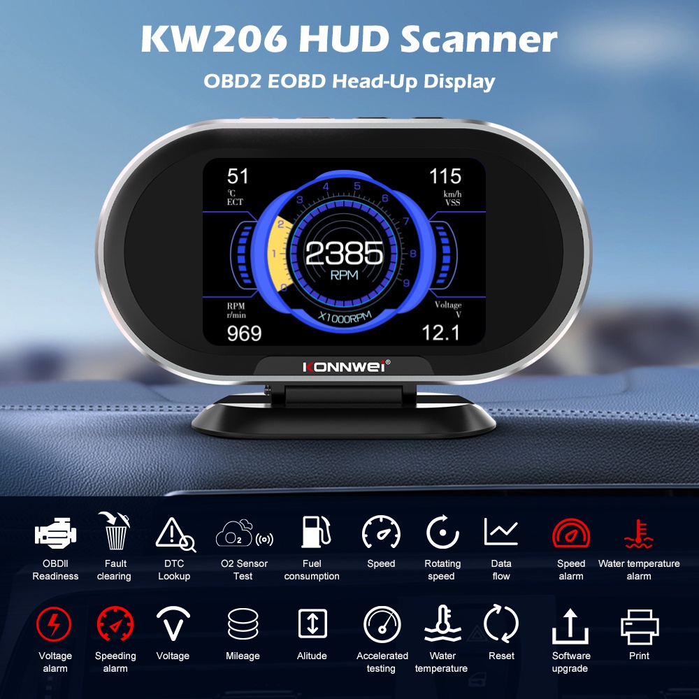cag obd2 Konnwei KW206 OBD2 Scanner Auto Head Up Display Gauge RPM ...