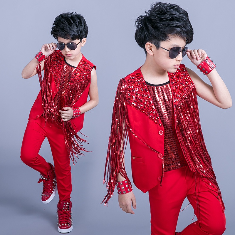 เสื้อผ้าผู้หญิง 2021 New Jazz Dance Costumes Boys Red Fringed Coat Kids ...