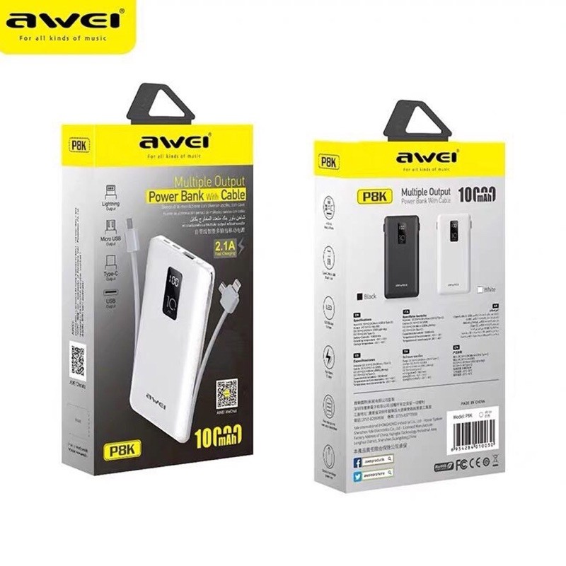 AWEI power bank 10000 mAh with 3 cables | Shopee Thailand