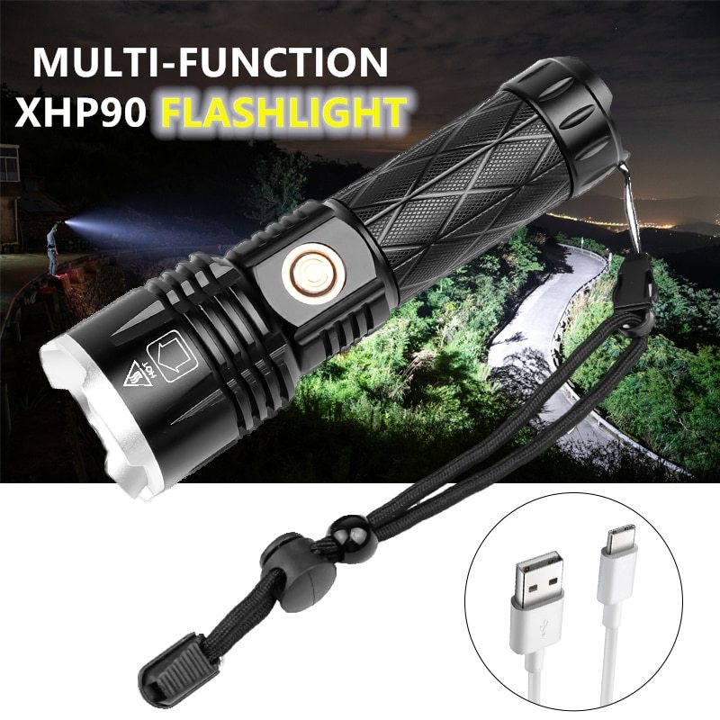 Camping Hiking Flashlight XHP90 LED Multi-function Flashlight Torch USB ...