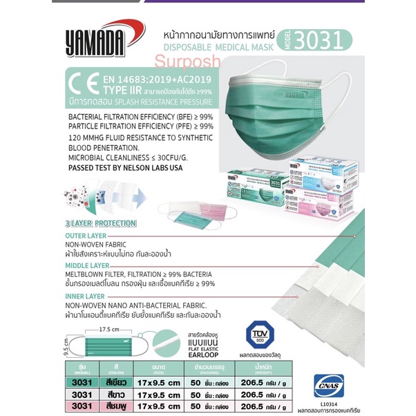 หน้ากากอนามัย YAMADA(50ชิ้น)Medical Maskสีเขียวขาว Nelson Lab เกรด ...