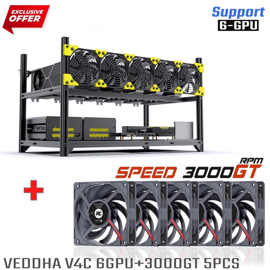 VEDDHA V4C 6GPU Premium Mining Aluminum Case Stackable (พรีเมี่ยมเคสริก ...