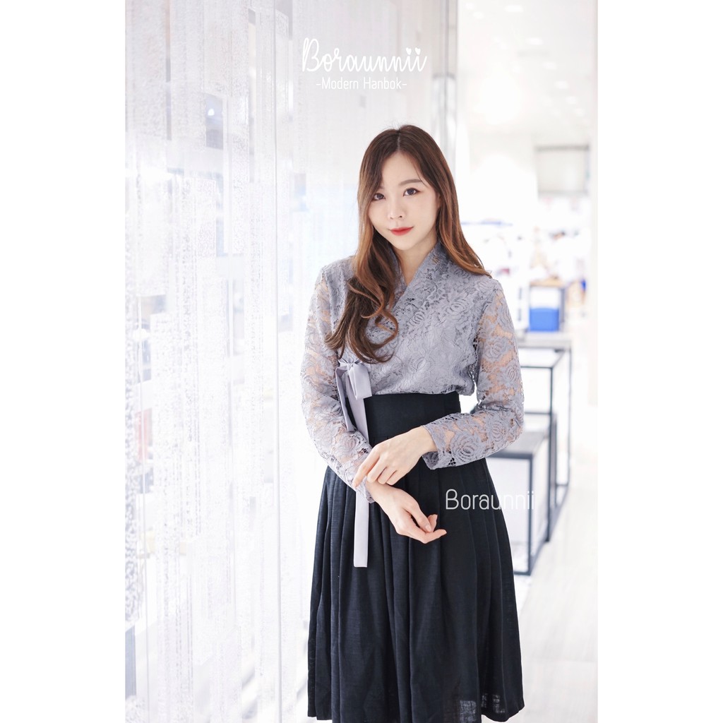 Boraunnii ฮันบกประยุกต์ รุ่น Lacy lady Grey เสื้อลูกไม้ พร้อมส่ง เกรดพร ...