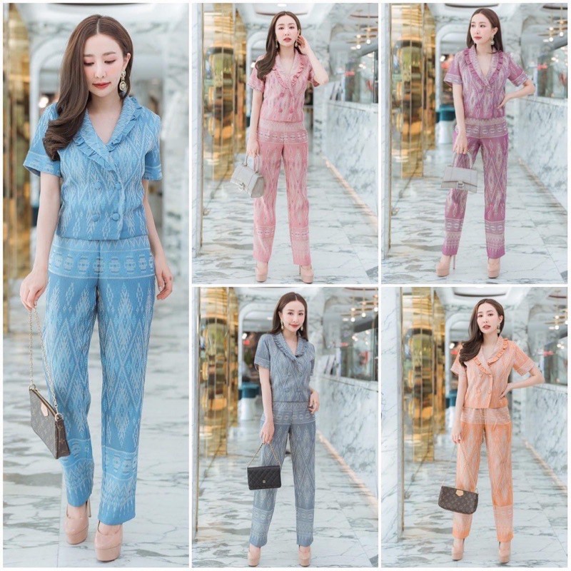 V038 ชุดทำงานเสื้อกางเกงผ้าทอลายไทย Vivalabrand Thaipick