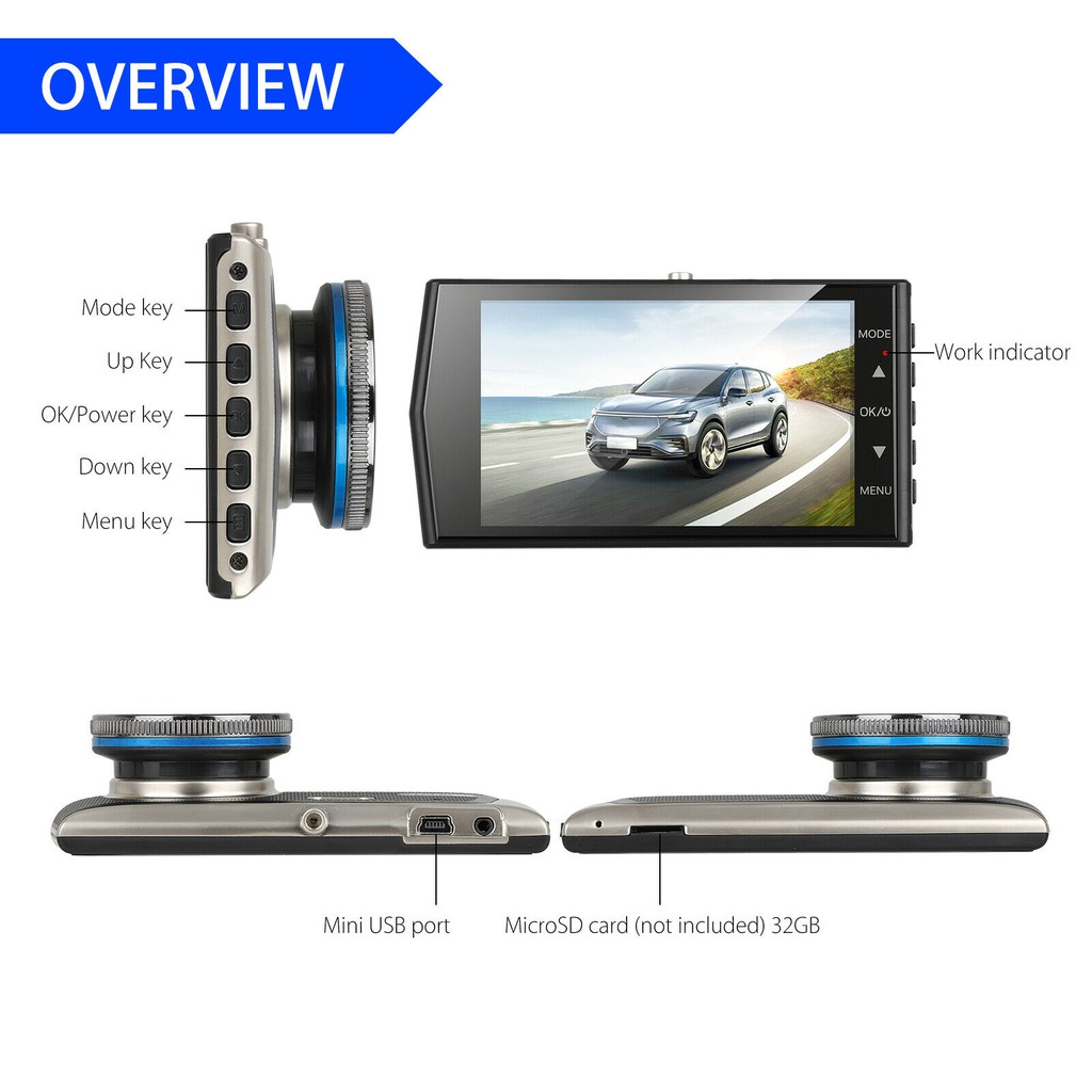 Touch Screen Dash Cam Dual Lens Full HD 1080P Car DVR Camcorder Night ...