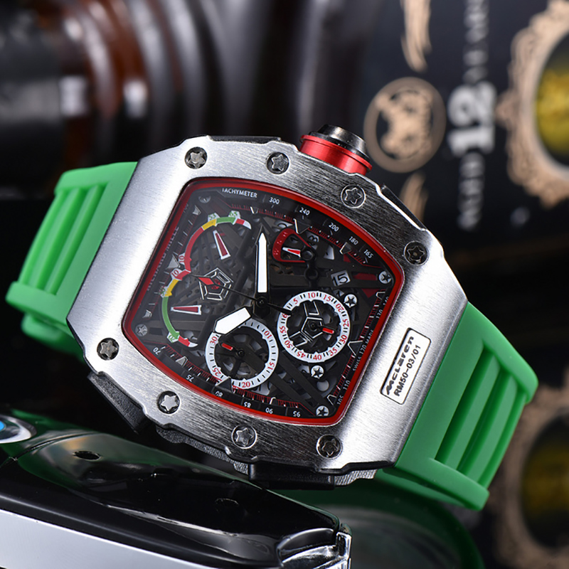 Men RM watch chronograph rubber band stainless steel calendar full ...