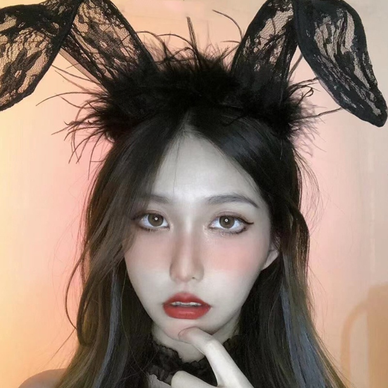 ℜ ℜ Black Lace Sexy Headbands Bunny Ears Hairband Feather Rabbit Ears