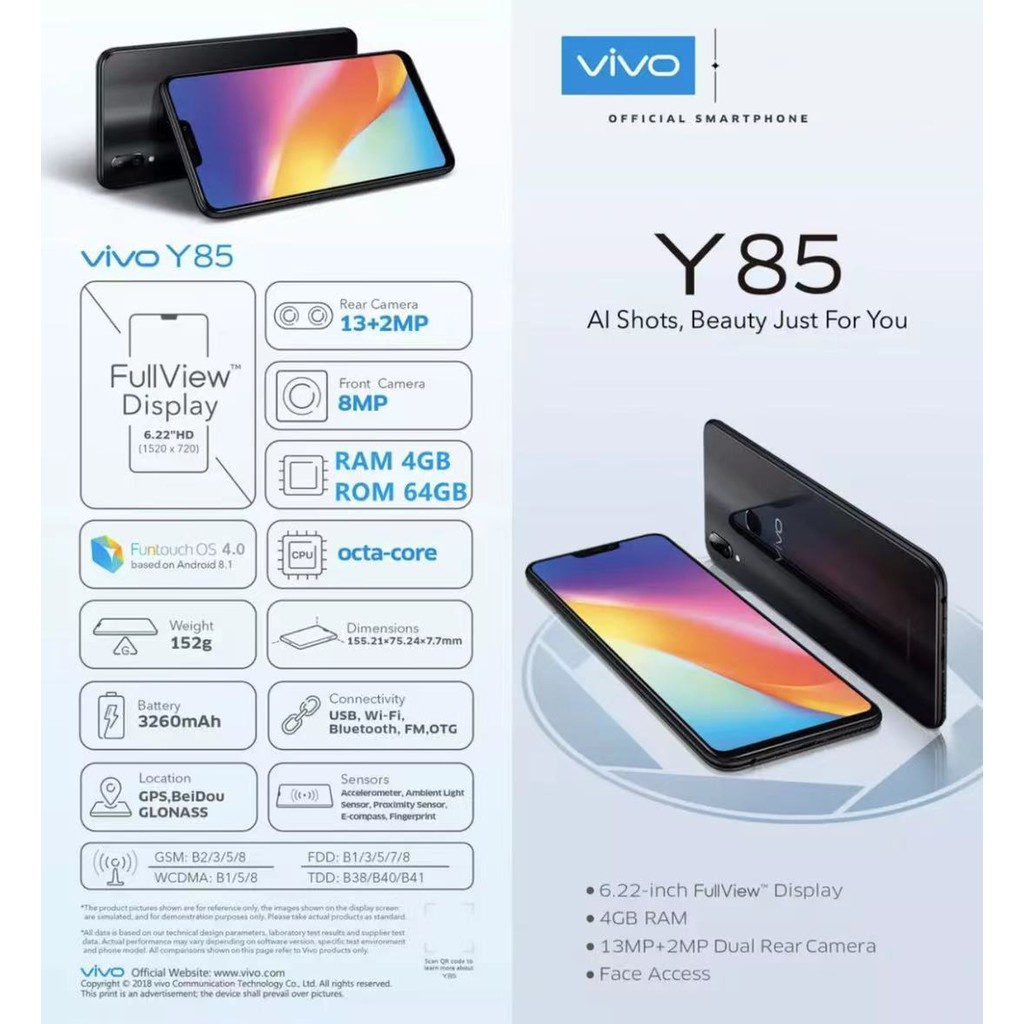 มือถือ ViVO Y85 จากประเทศไทย (ของแท้ 100) RAM 4GB Rom 64GB ประกันร้าน 12 เดือน แถมอุปกรณ์ครบชุด ...