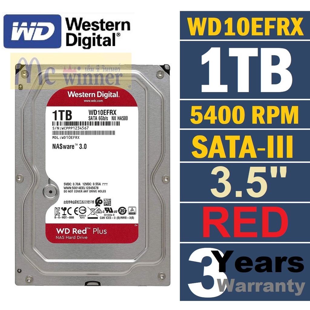 1TB HDD (ฮาร์ดดิสก์แนส) WD RED (WD10EFRX) NAS SATA3(6Gb/s), 64MB ...