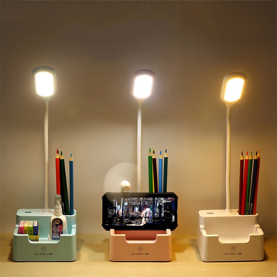 Touch Dimmable Led Desk Lamp Table Light With Fan Phone Pen Holder USB ...