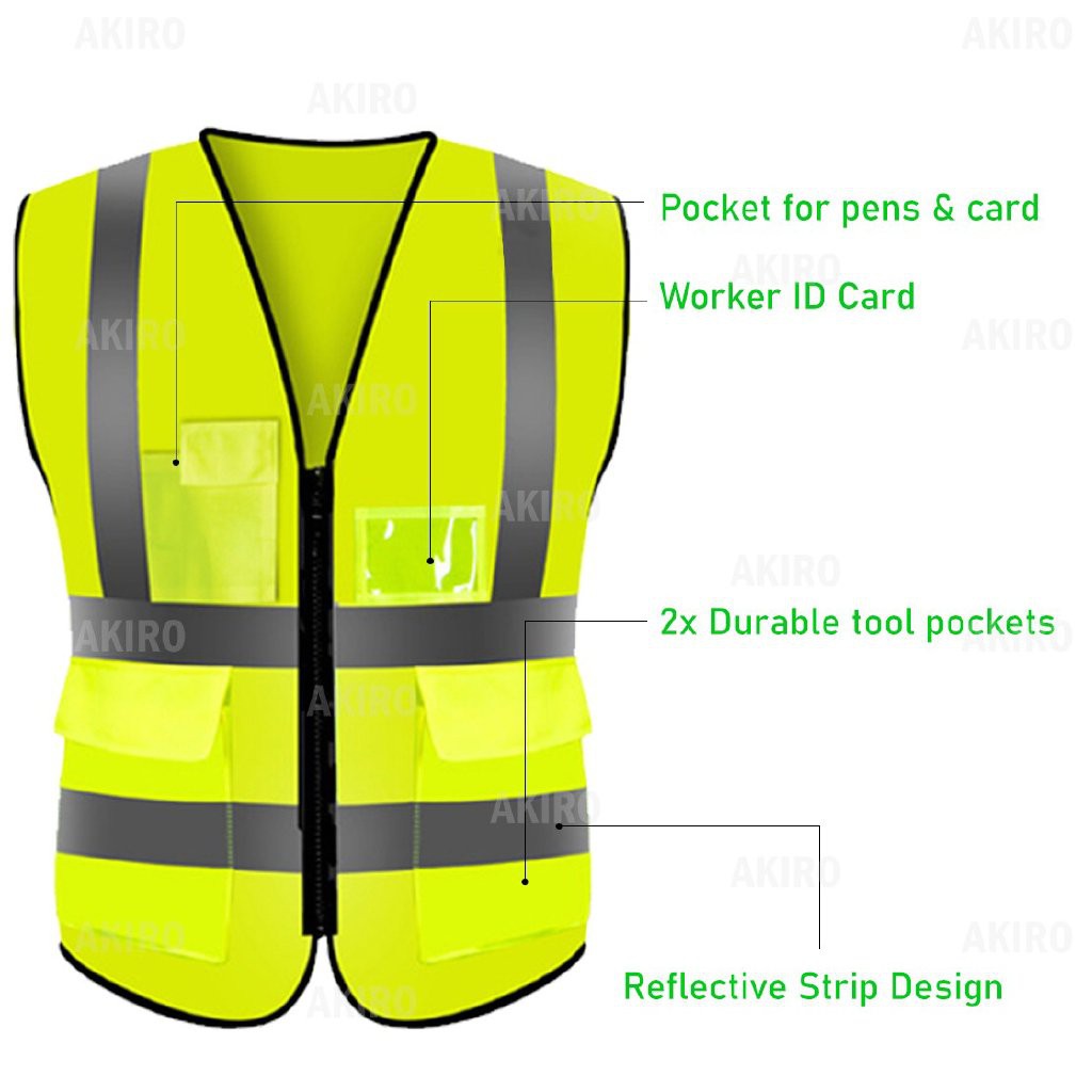 G579 AKIRO Hi-Vis Safety Vest Zipper Reflective Jacket With Pockets ...