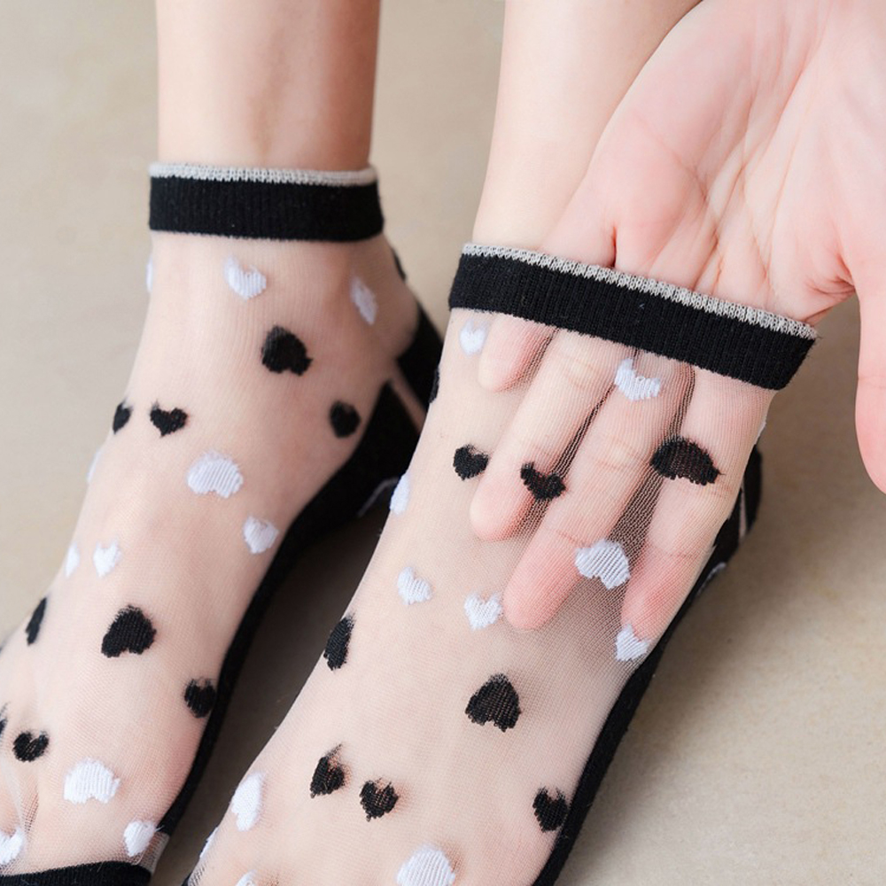 QQMALL Breathable Short Socks Transparent Glass Silk Heart Socks ...