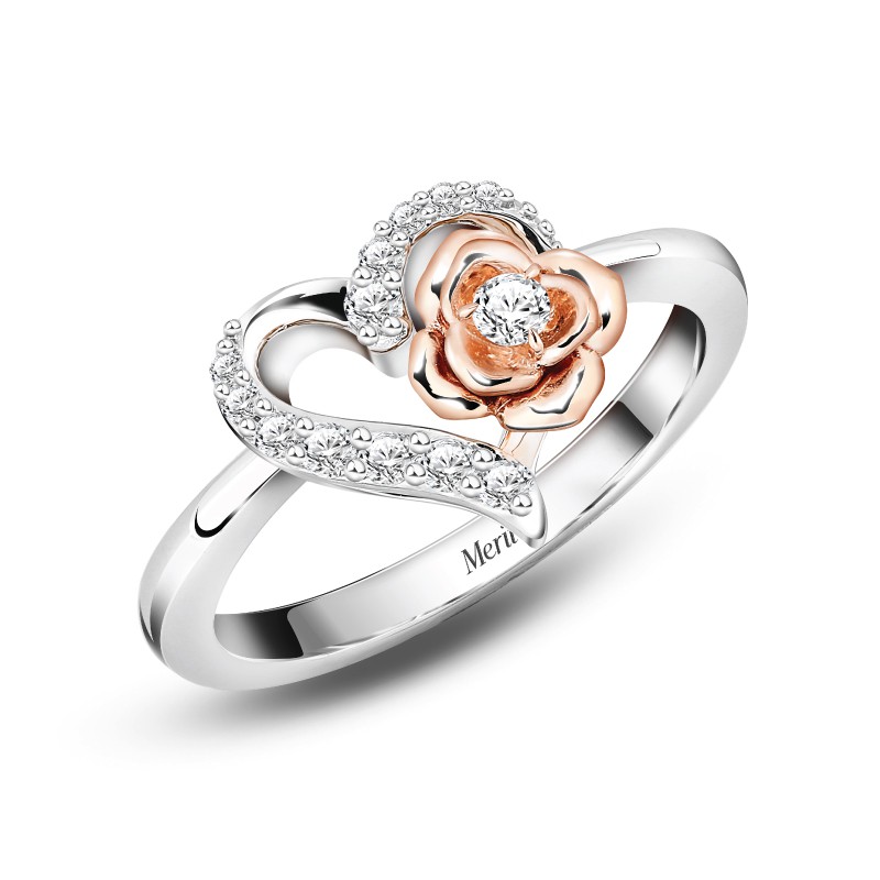 Merii แหวนเงินแท้ 925 ชุบโรสโกลด์ ประดับเพชร CZ ดีไซน์แหวนเปิดรูปหัวใจ ...