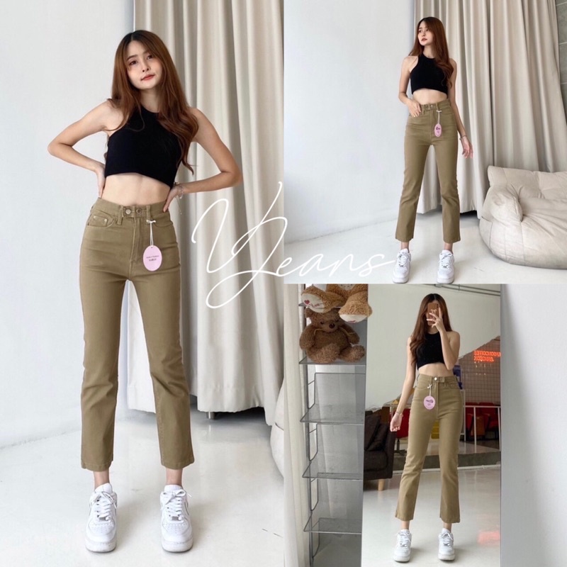 V-JEANS ป้าย CHU งานลงใหม่ กางเกงยีนส์ขายาว กางเกงยีนส์เอวสูง ทรงกระบอก กางเกงทรงบอยสลิม ผ้า ...