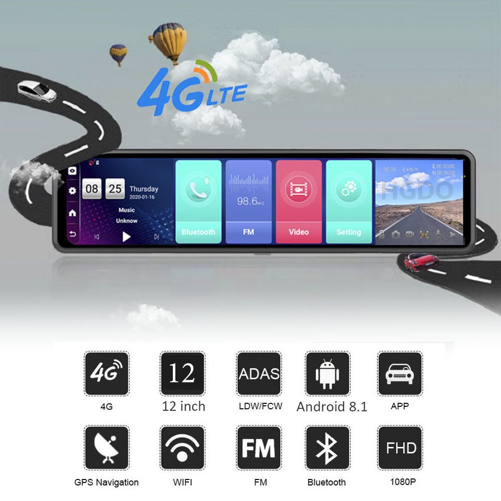 HGDO 4G Video Recorder 12 Car DVR Mount Android Rear View Mirror Camera ...