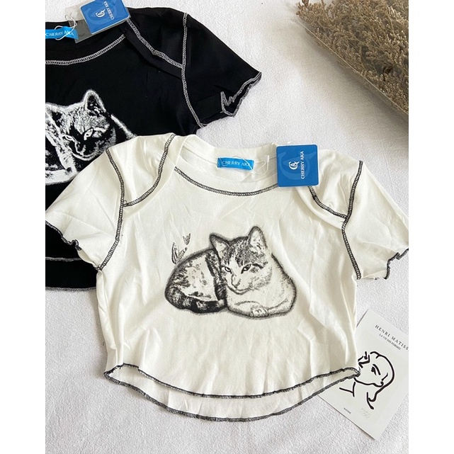 ST552 เสื้อครอปทรงเข้ารูป สกรีนลายน้องเหมียวว (ตัวสั้น 13-14 นิ้ว) - cutegirl1990s - ThaiPick