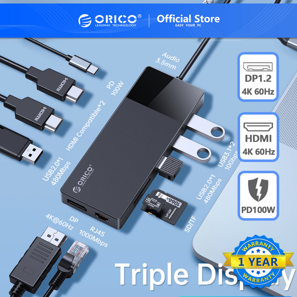 Orico อะแดปเตอร์ฮับ USB C HDMI 12 in 1 หน้าจอสามช่อง พร้อมพอร์ต HDMI 4K ...