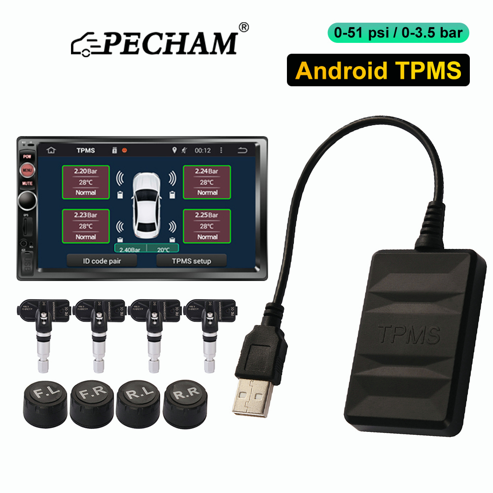 PECHAM ระบบตรวจสอบความดันลมยาง TPMS USB Android 4 เซ็นเซอร์ภายนอก อุณหภูมิสัญญาณเตือน DVD ...