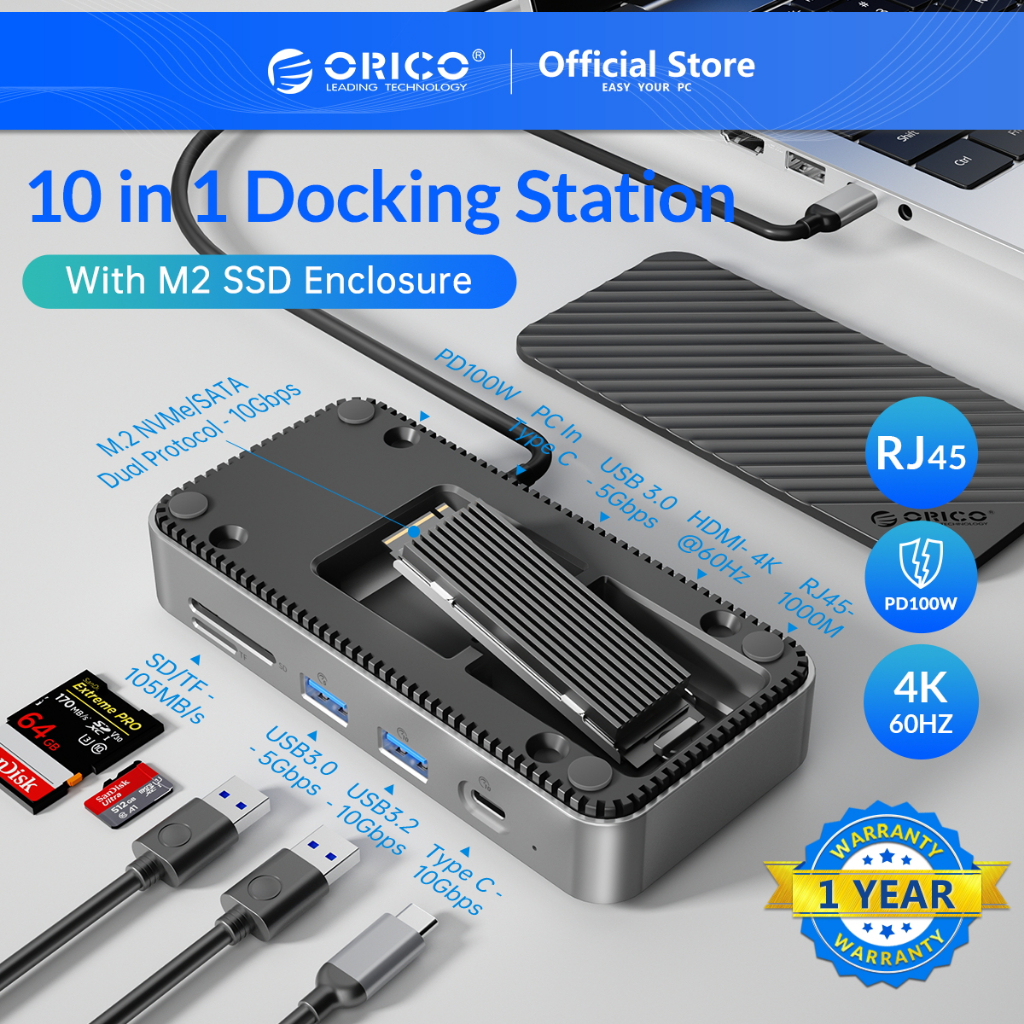 Orico ฮับ USB C พร้อม NVMe SATA SSD Enclosure 10 In 1 Type C PD 100W ...