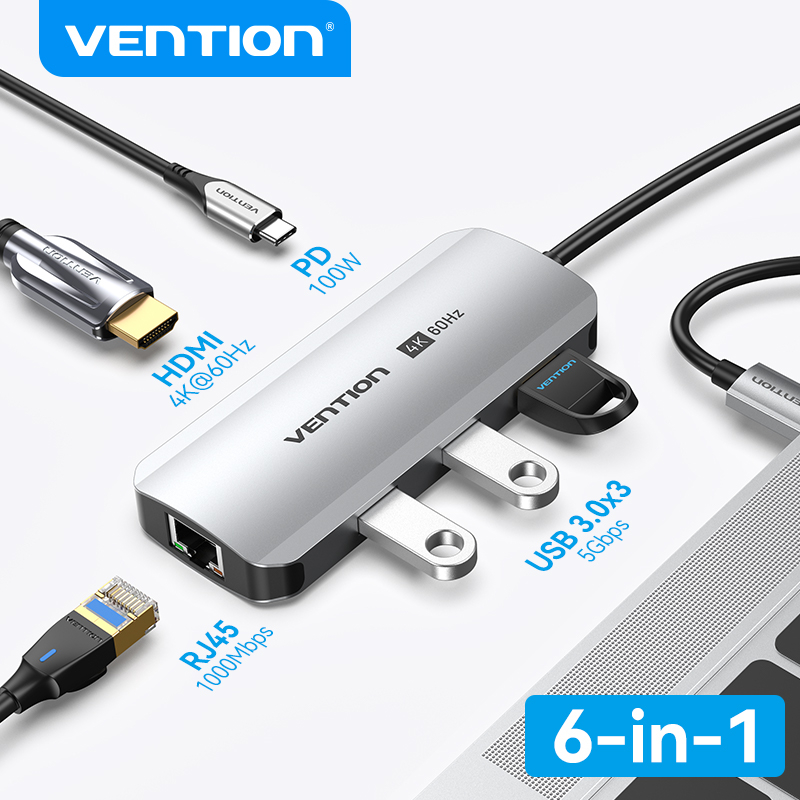 Vention อะแดปเตอร์แปลง USB C Hub 6 in 1 USB Type C พร้อม 4K 60Hz HDMI ...