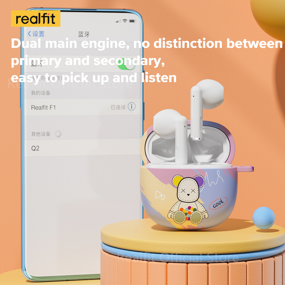 Realfit F1 TWS หูฟังบลูทูธไร้สาย ขนาดเล็ก พร้อมเคสป้องกันน่ารัก ...