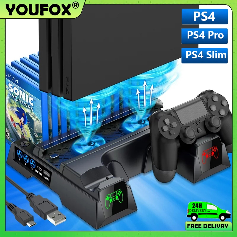 PS4 ท่าวางพัดลมให้ไฟแนวตั้งพร้อมชาร์จคู่สำหรับ PS4/PS4 Pro/PS4 Slim ...
