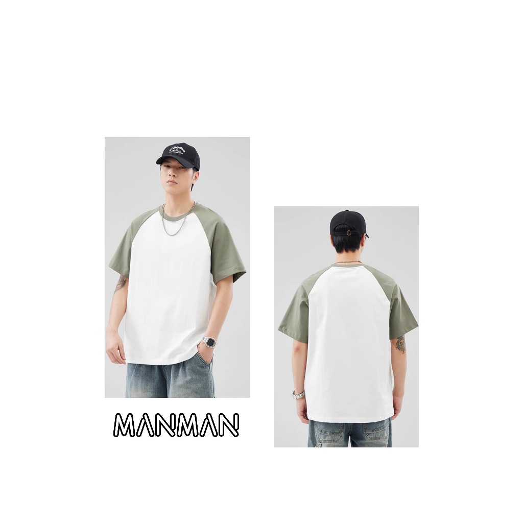 MANMAN ผ้าฝ้ายแท้สำหรับผู้ชาย ลำลองเรียบง่าย สีตัดกัน คอกลมแขนสั้น ...