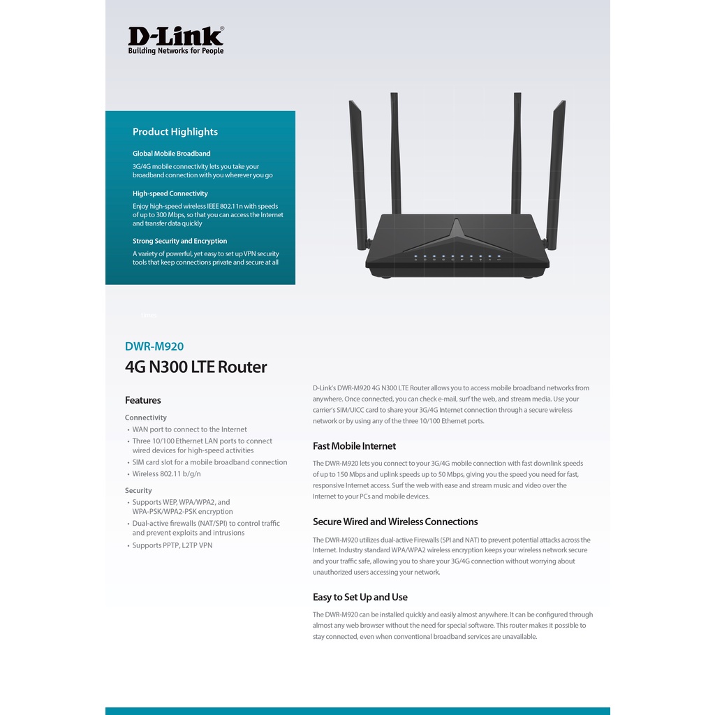 D-LINK DWR-M920 4G N300 LTE Router BY BILLIONAIRE SECURETECH ...