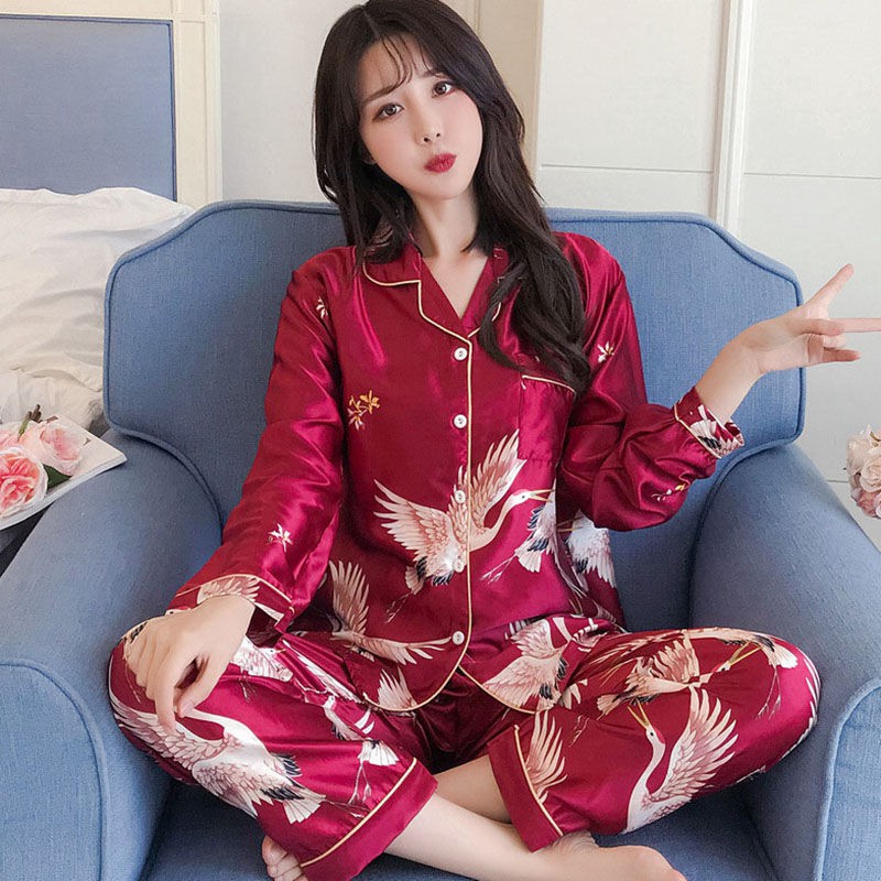 Pajamas Womens Ice Silk Spring And Autumn Long Sleeve Loose Thin Large