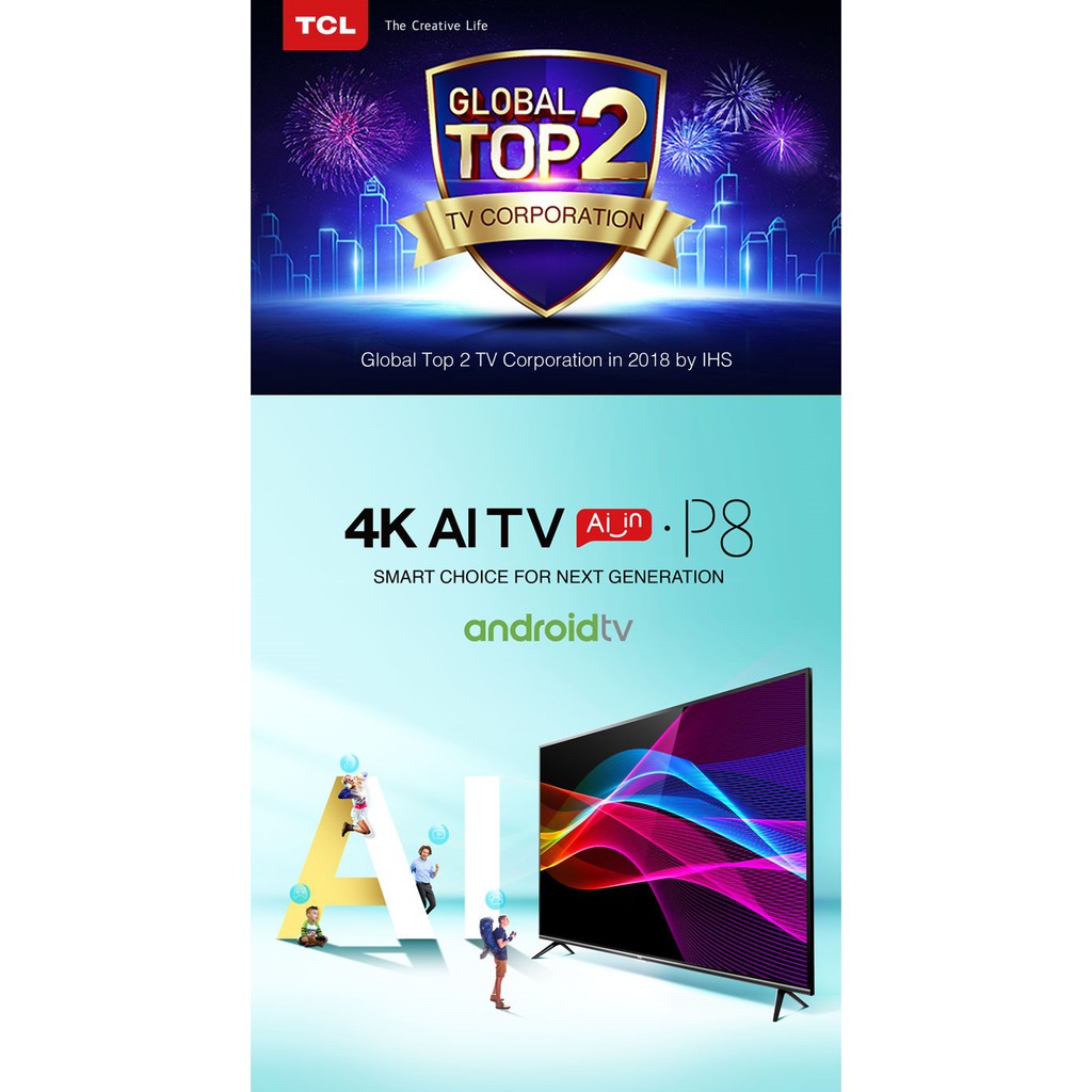 TCL ทีวี 55 นิ้ว LED 4K UHD Android 9.0 Wifi Smart TV (รุ่น 55P8) google assistant & Netflix ...